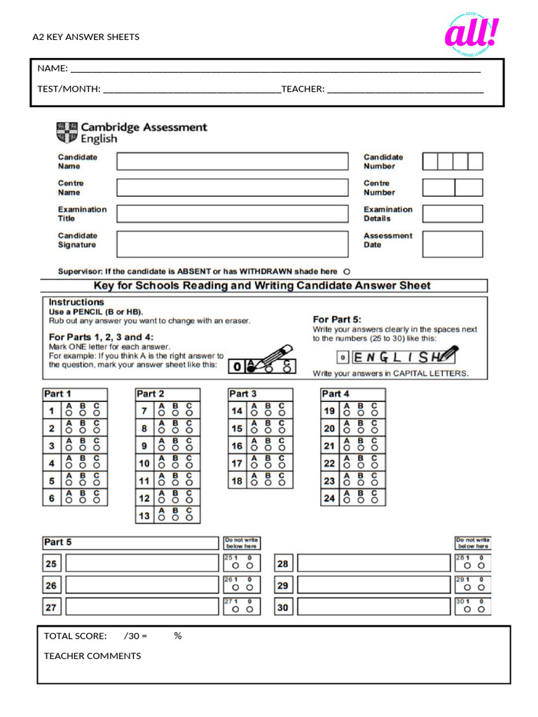 A2 Key Answer Sheets Template | PDF
