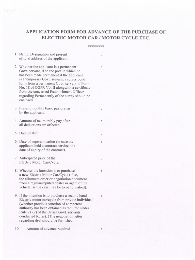 Application Form For Advance of The Purchase of Electric Motor Car ...