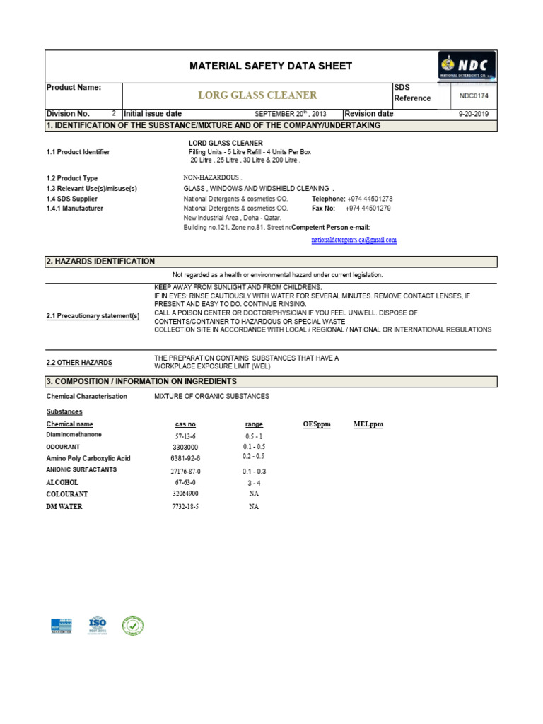 MSDS Lord Glass Cleaner NDC0174 | PDF | Water | Sodium