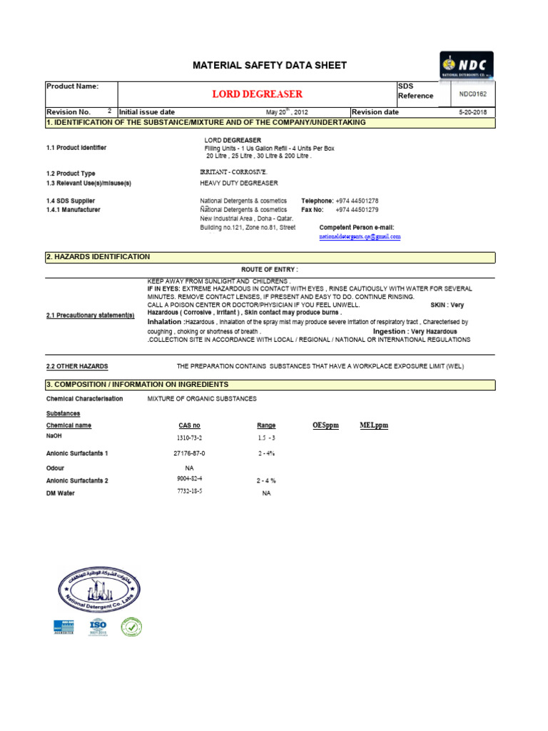 MSDS LORD DEGREASER NDC0162 (1) | PDF | Water | Personal Protective Equipment