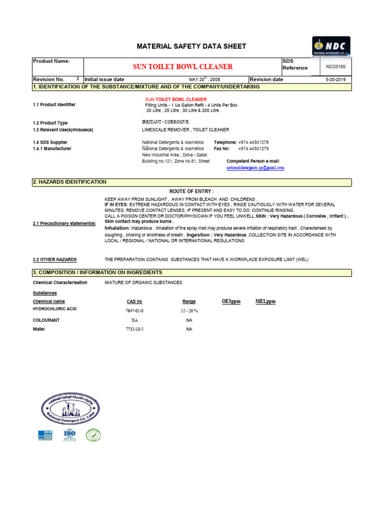 MSDS Sun Toilet Bowl Cleaner NDC0169 | PDF | Water | Personal ...