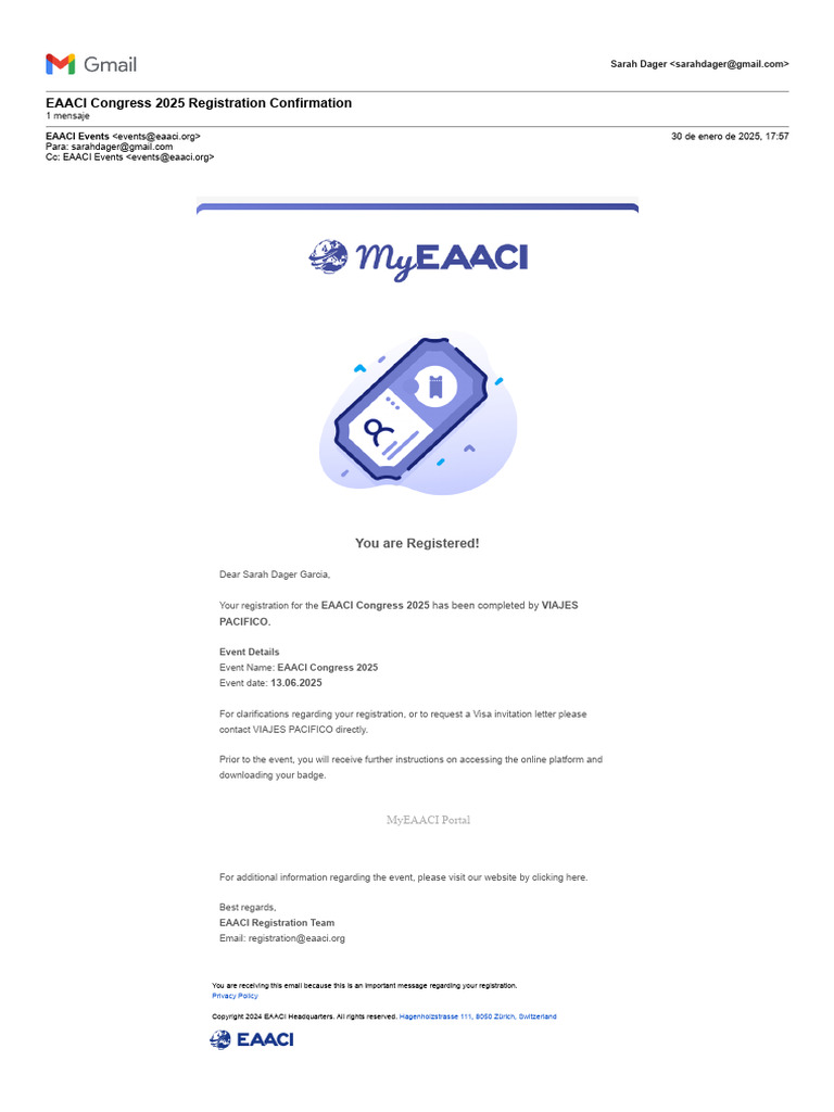 EAACI Congress 2025 Registration Confirmed | PDF