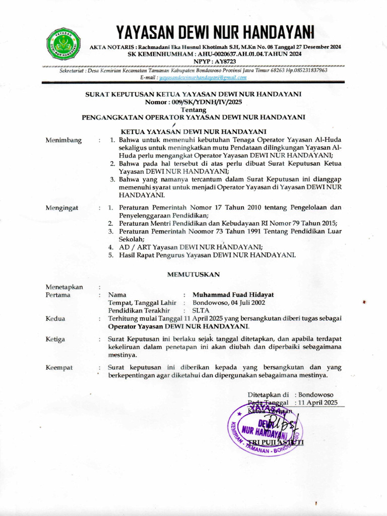 SK Operator Yayasan Dewi | PDF