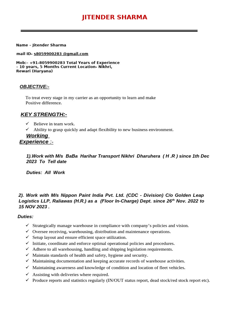 Jitender Kumar - Godown Supervisor - SSM - bANUR pUNJAB - WL2193 | PDF ...