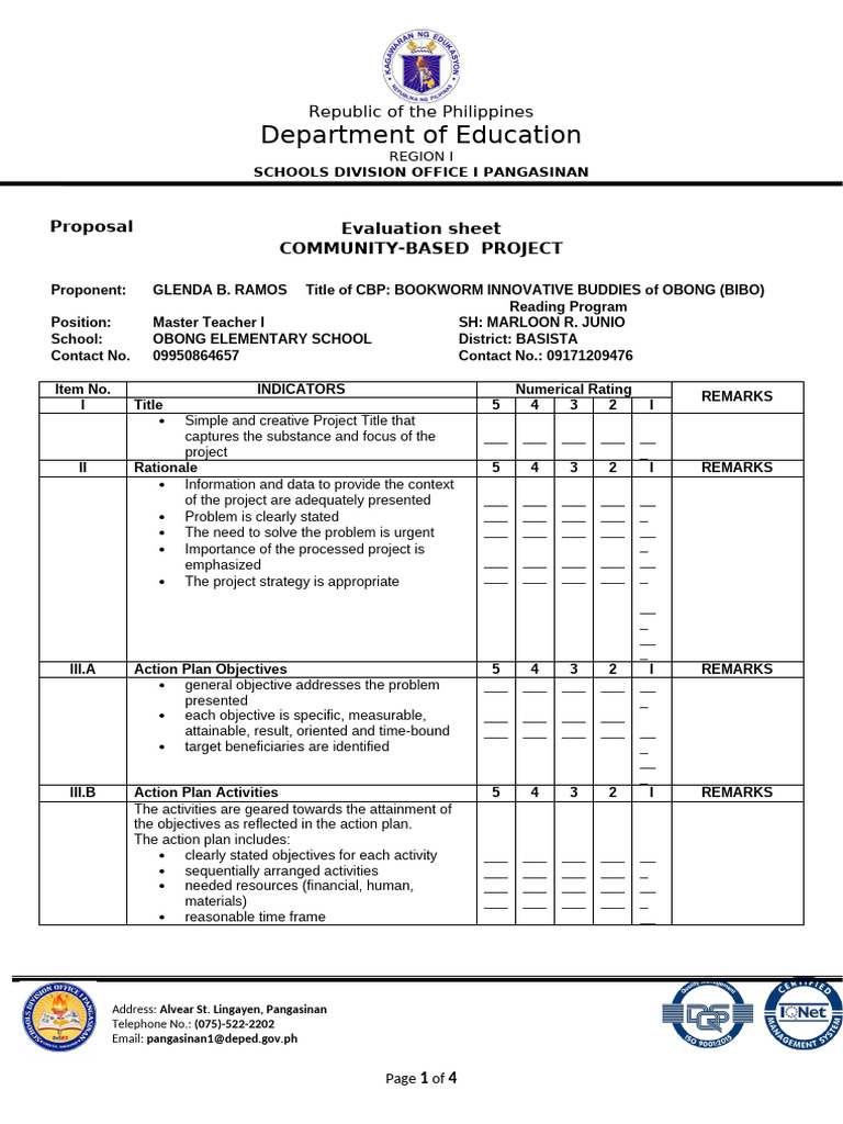 CBP Proposal Evaluation Sheet - Glen | PDF | Cognition | Business
