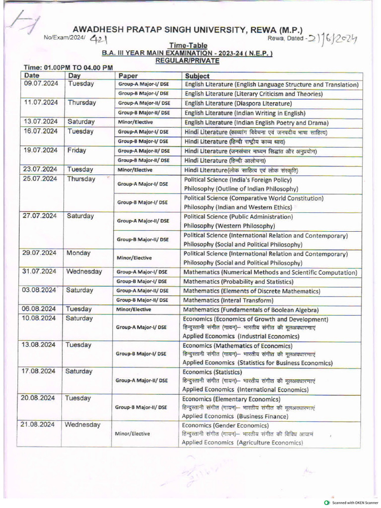 NEP UG Time Table Regular & Private 2023-24 | PDF