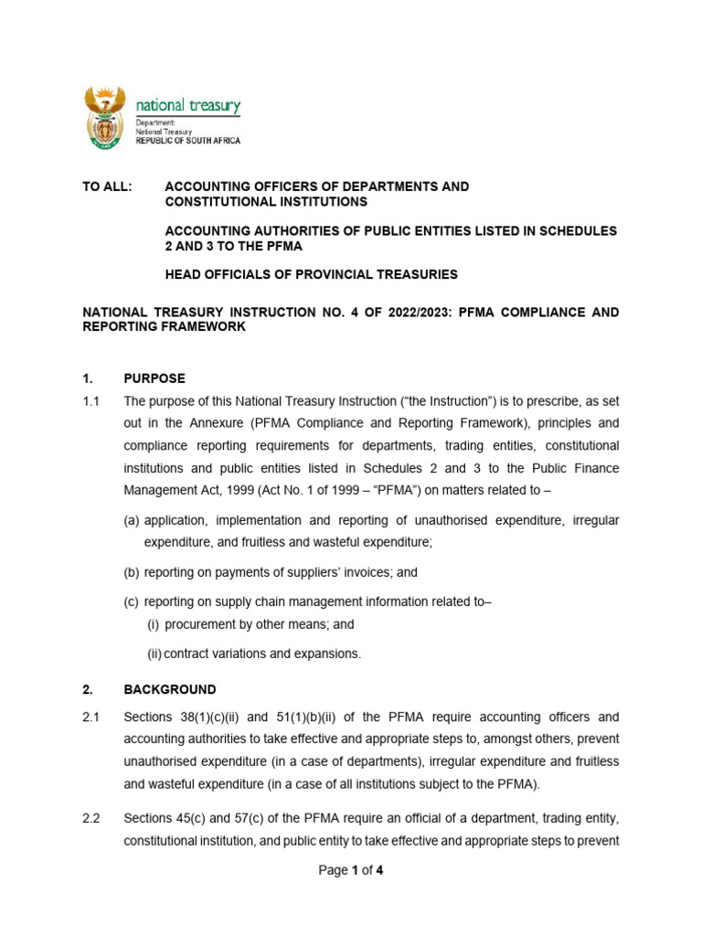 National Treasury Instruction No 4 of 2022 2023 PFMA Compliance ...