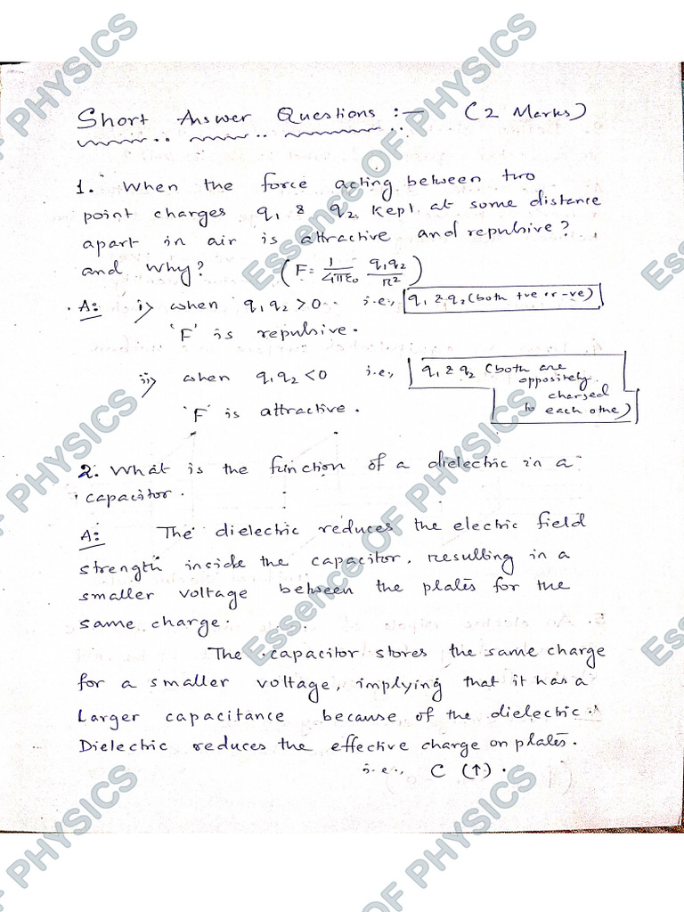 ELECTROSTATICS 2 Marks Question & Answer | PDF