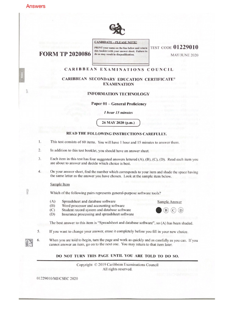 Answers - CXC IT May - June 2020 Paper 1 | PDF