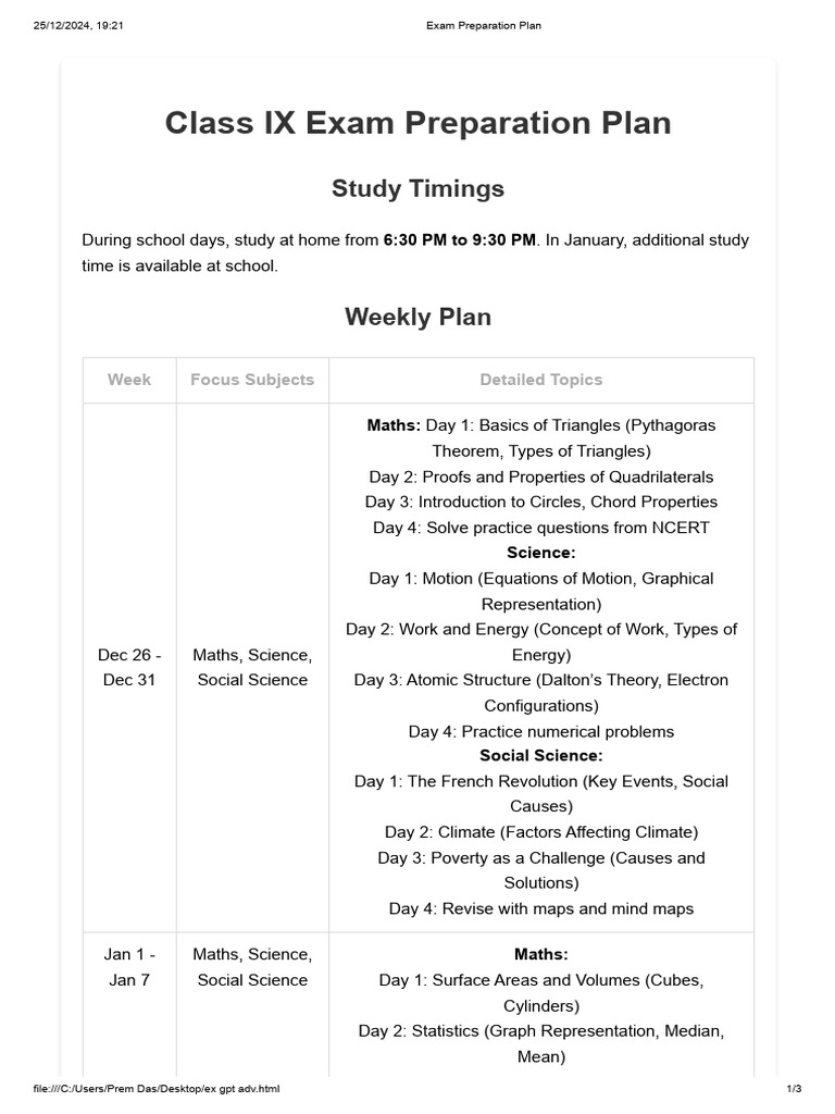 Class IX Exam Study Schedule Guide | PDF | Mathematics | Science