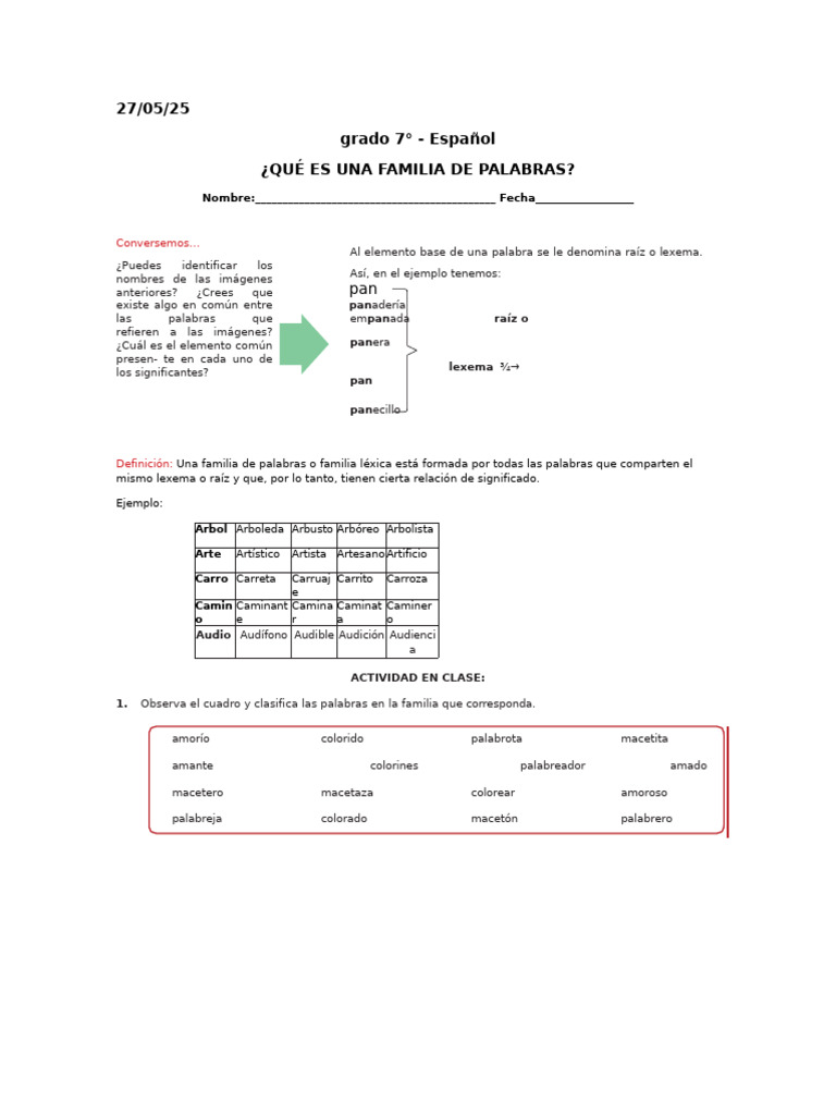 27/05/25 Grado 7° - Español ¿Qué Es Una Familia de Palabras? | PDF ...