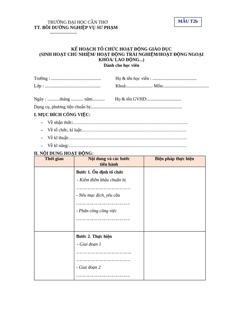3-Mau T2b-Ke Hoach To Chuc Hoat Dong Giao Duc | PDF