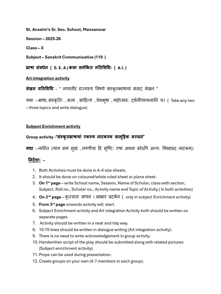 Sanskrit Activity Guidelines for Class X | PDF