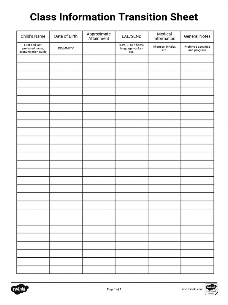 T C 1327 Class Information Transition Sheet - Ver - 3 | PDF