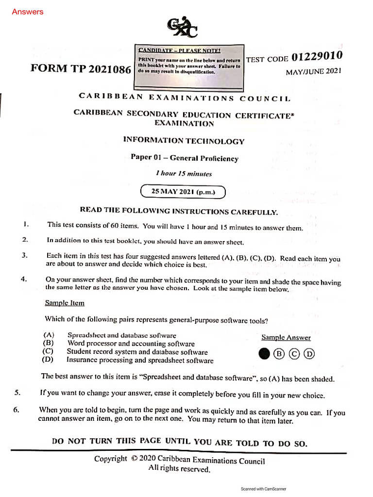 Answers - CXC IT May - June 2021 Paper 1 | PDF