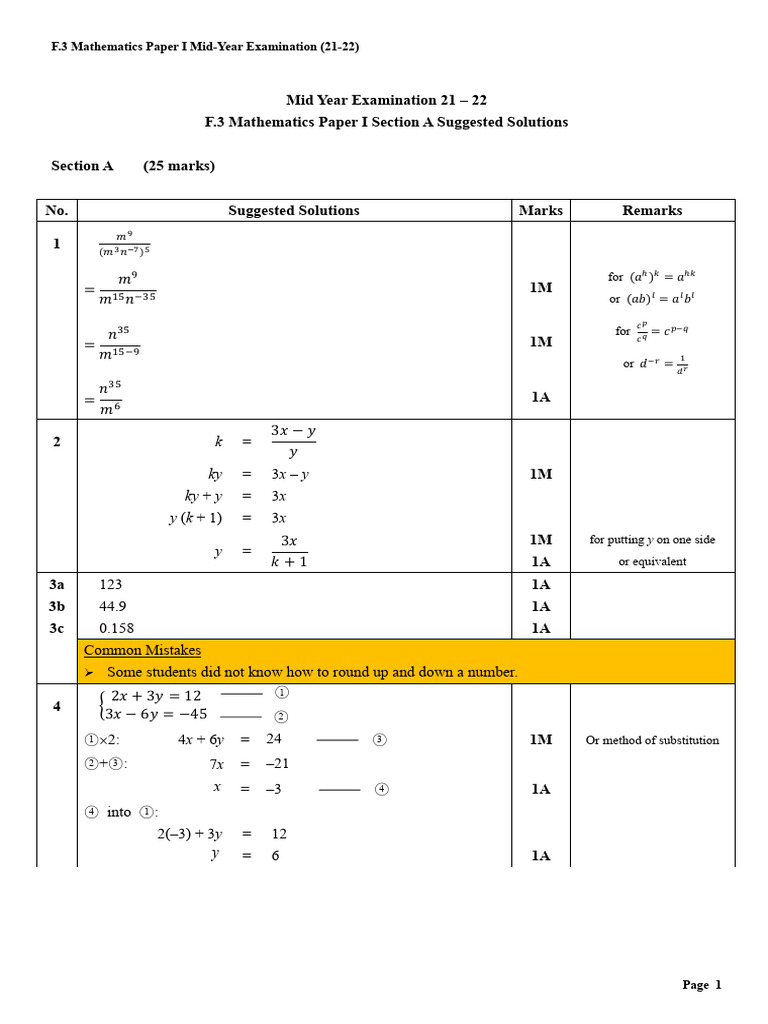 2022-F3 MY-MATH 1AB-Marking | PDF | Elementary Geometry | Elementary ...