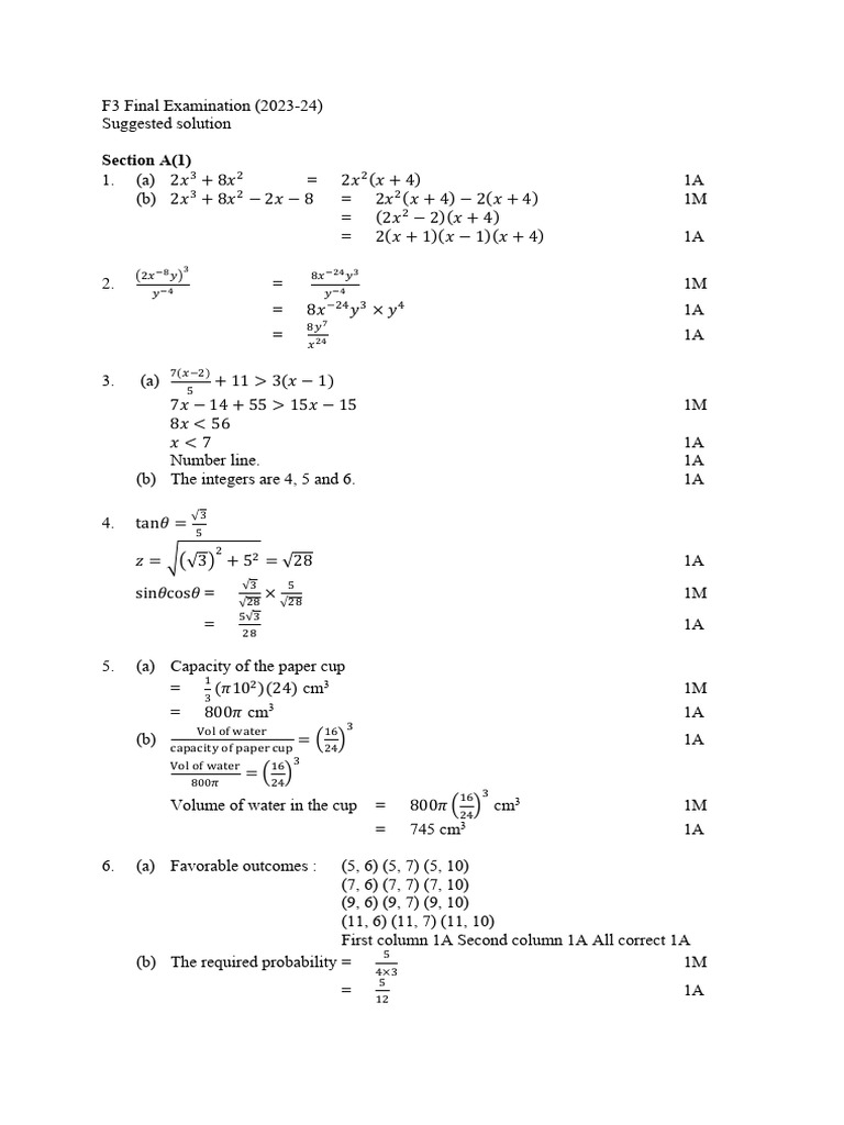 2024-F3 FINAL-MATH 1A-Marking | PDF | Mathematics