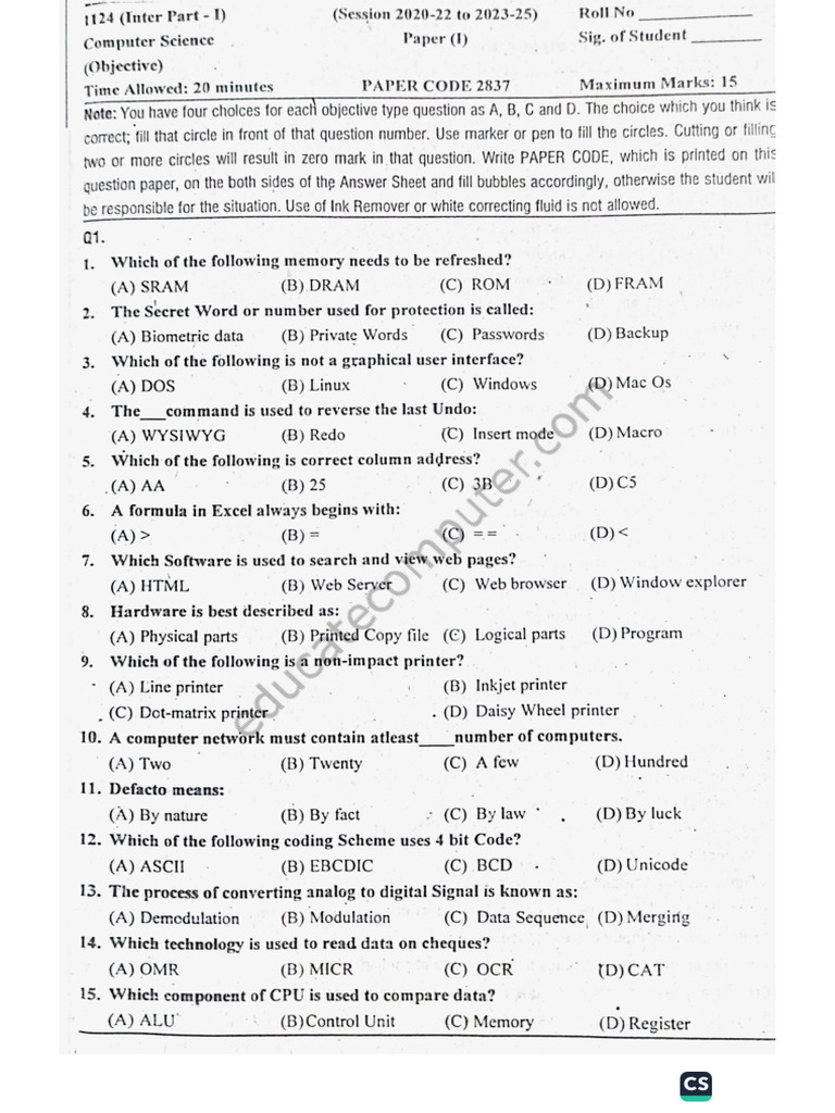 Class 11 Computer Past Papers Sargodha Board | PDF