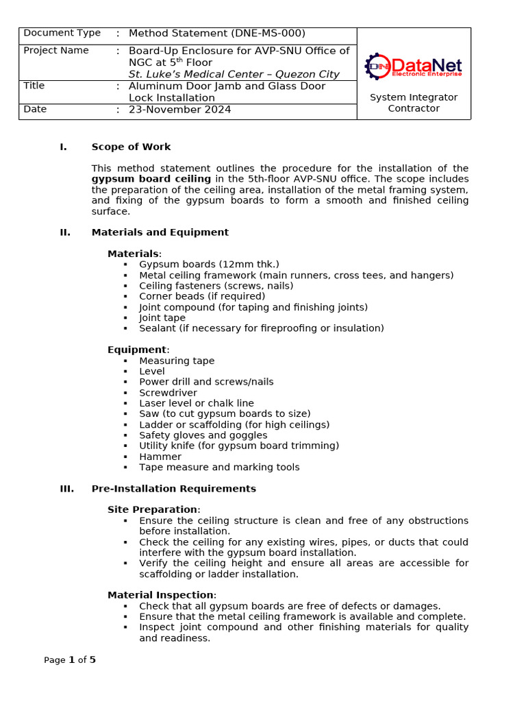 DNE MS Gypsum Board Installation SLMC QC | PDF | Drywall | Door