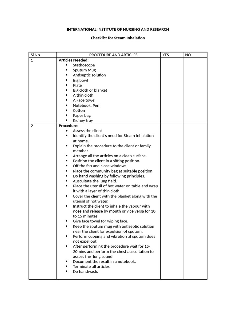 steam inhalation checklist[1] | PDF