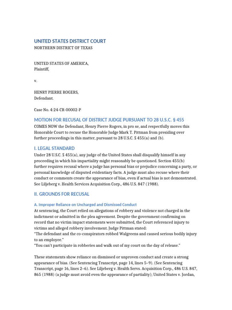 Motion to Recuse Judge Pittman | PDF | Crimes | Crime & Violence