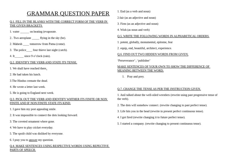 GRAMMAR QUESTION PAPER Avni Maam | PDF | Verb | Grammatical Tense