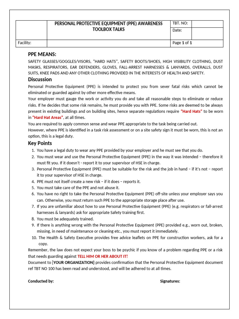 PPE Toolbox Talk Guidelines | PDF | Personal Protective Equipment | Safety