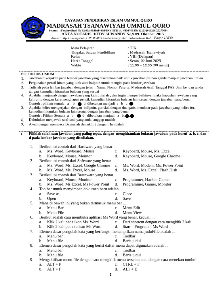 Soal Pat Tik KLS 8 | PDF