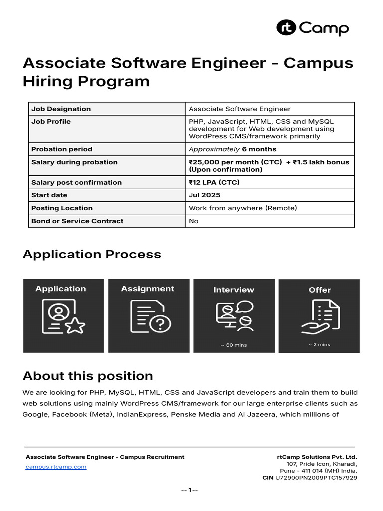(Rtcamp) Associate Software Engineer Job Application Form 2025 | PDF ...