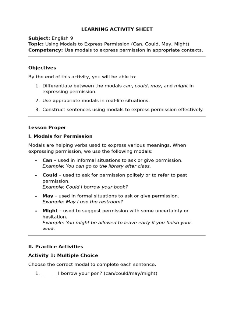Learning Activity Sheet - Modals | PDF | Language Mechanics ...