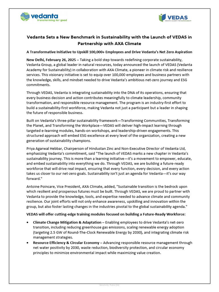 Press Release Vedanta Sets A New Benchmark in Sustainability With The ...
