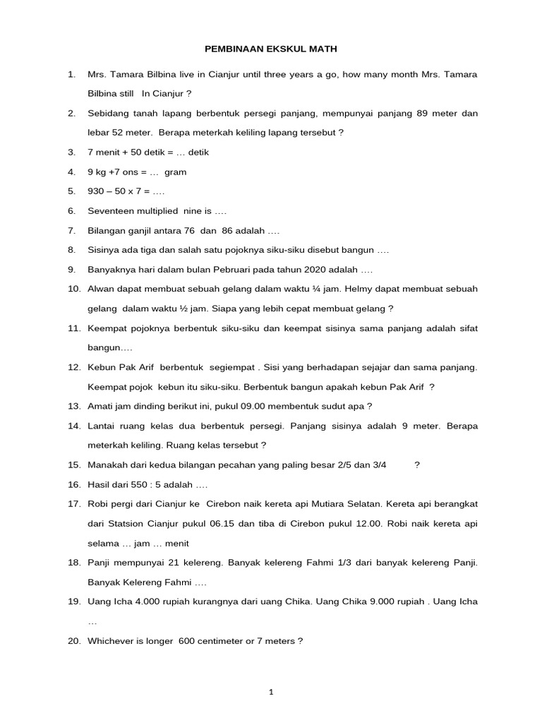 SOAL CALISTUNG KELAS 3 TAHAP 1 | PDF