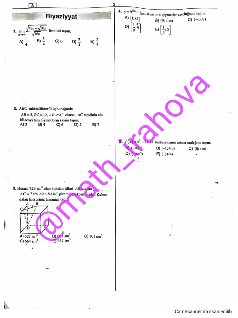 DİM BLOK 2-Ci Qrup 25.05.2025 Math - Irahova | PDF