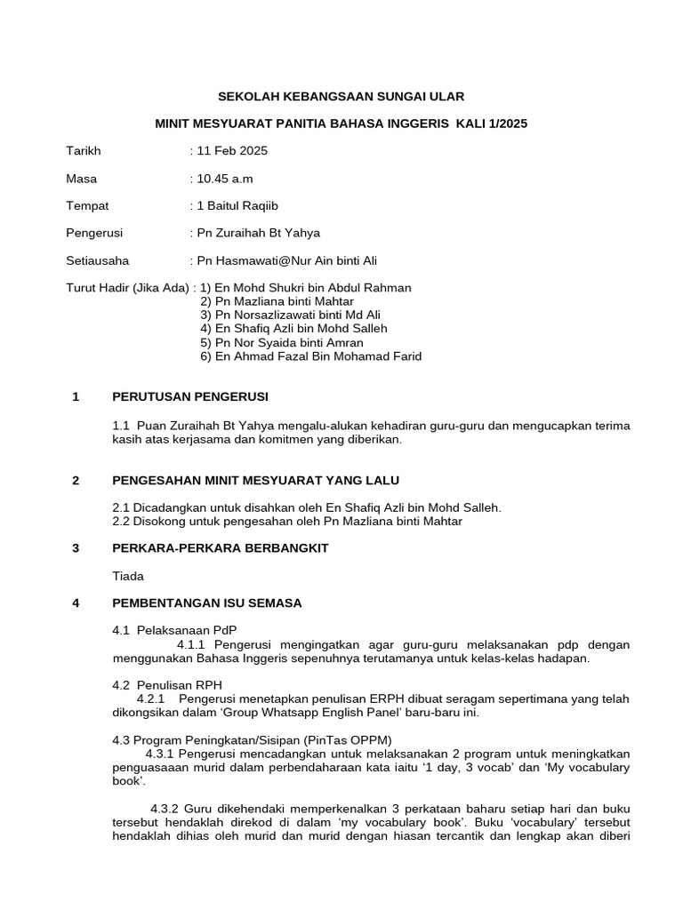 minit mesyuarat BI 1 2025 | PDF