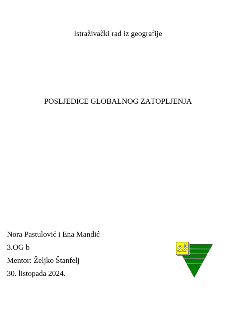 Istraživački Rad Iz Geografije - Posljedice Globalnog Zatopljenja | PDF