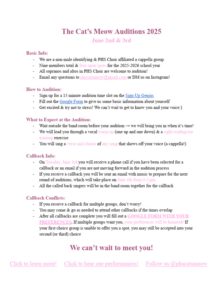Cat's Auditions Info Sheet 2025 | PDF