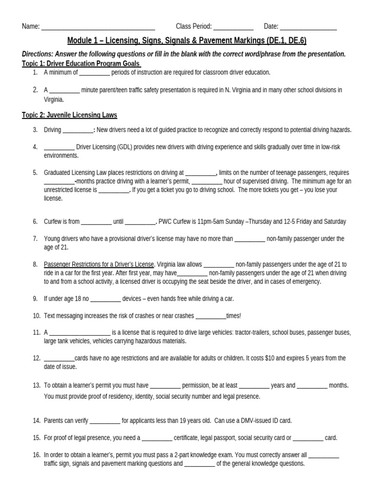 Module 1 Student Worksheets-1-1-1 | PDF | Intersection (Road) | Driver ...