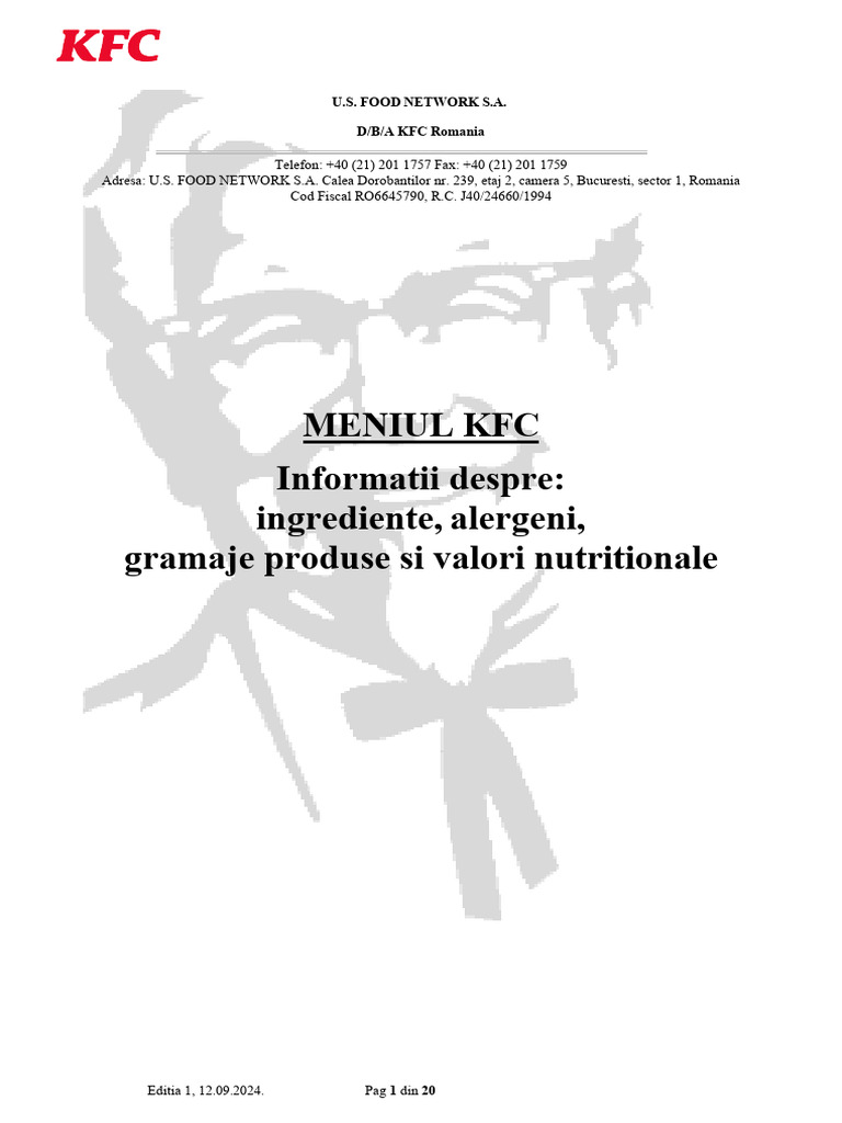 KFC Romania Menu: Ingredients & Nutrition | PDF