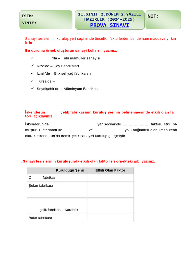 2024 - 2025 COĞRAFYA 11. SINIF 2. DÖNEM 2. YAZILI (Örnek Sorular) | PDF