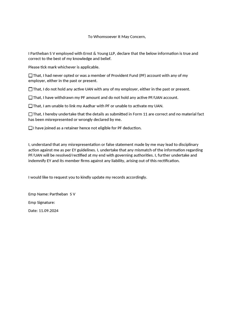 PF Self Declaration | PDF
