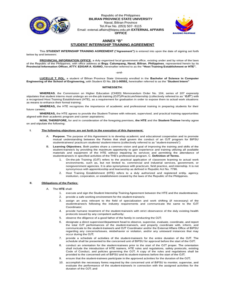Annex B Student Internship Training Agreement POL | PDF | Arbitration | Justice