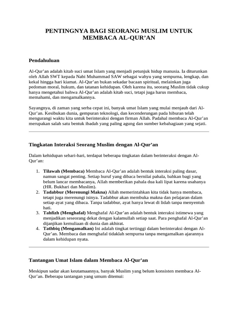 PENTINGNYA BAGI SEORANG MUSLIM UNTUK MEMBACA AL | PDF