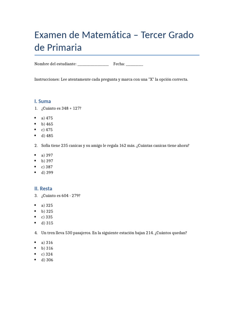 Examen Matematica Tercer Grado | PDF