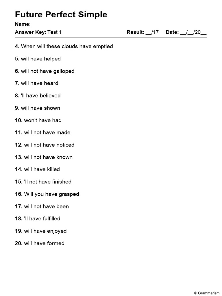 Grammarism Future Perfect Test 1 Answers 2803383 | PDF