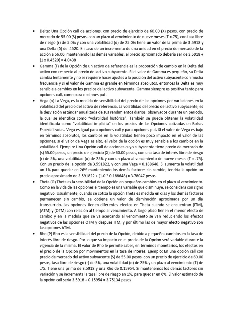Letras Griegas | PDF | Opción (Finanzas) | Volatilidad (Finanzas)