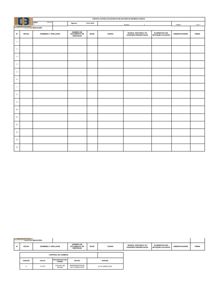 Formato Control De Elementos Del Botiquín De Primeros Auxilios Pdf