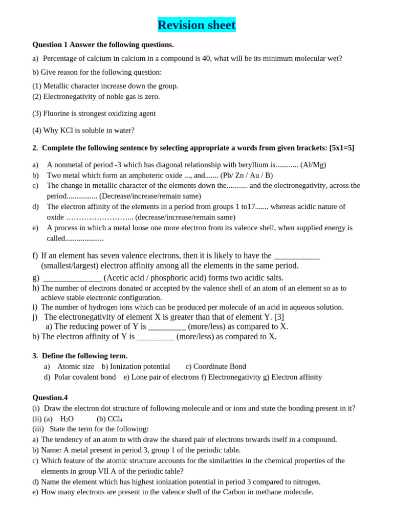 Chemistry Revision Questions and Answers | PDF | Chemical Compounds ...