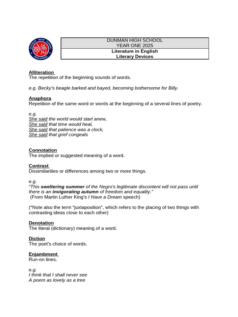 Y1 Lit 2025 Literary Devices Glossary | PDF | Rhyme | Poetry