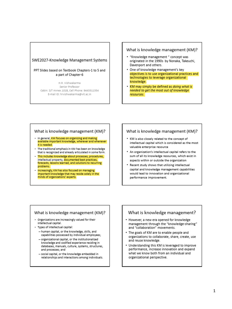 SWE2027 KMS CAT 1 Slides Handouts Winter 2024 25 | PDF | Knowledge Management | Knowledge