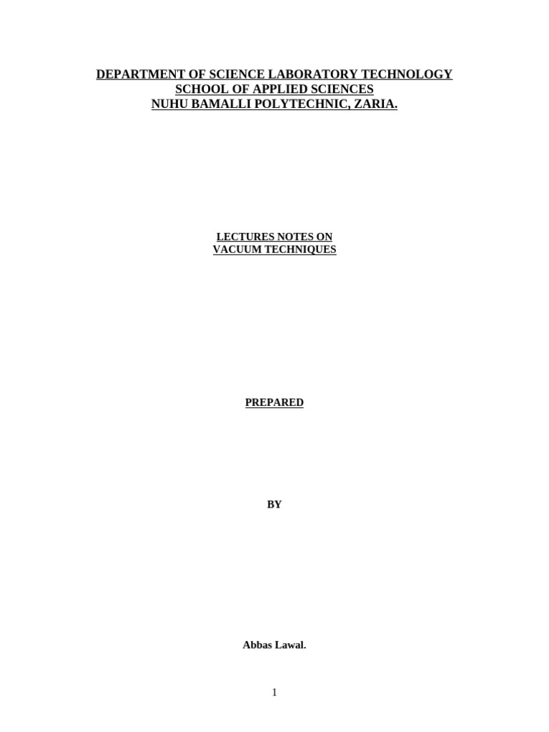 Vacuum Techniques Lectures Note | PDF | Pressure Measurement | Vacuum